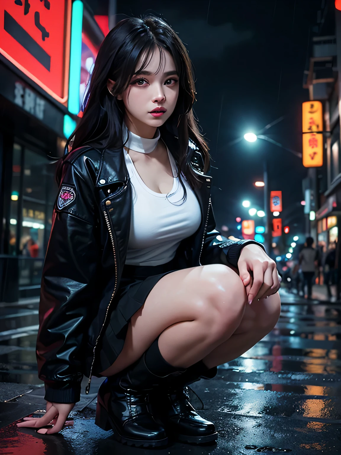 Arafed woman in a black leather jacket crouching down on a wet street - SeaArt AI