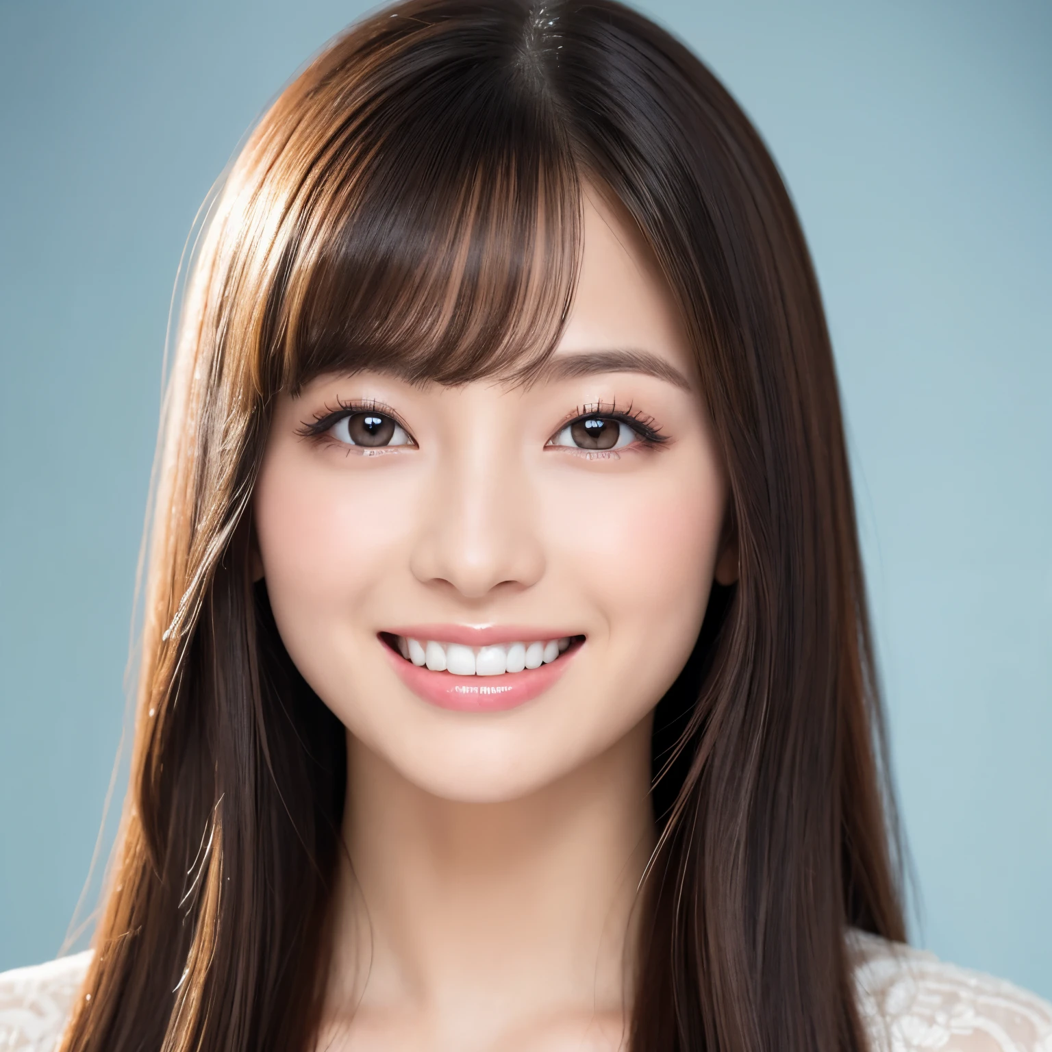 長い茶色の髪と白いトップスを着た笑顔の女性 Seaart Ai
