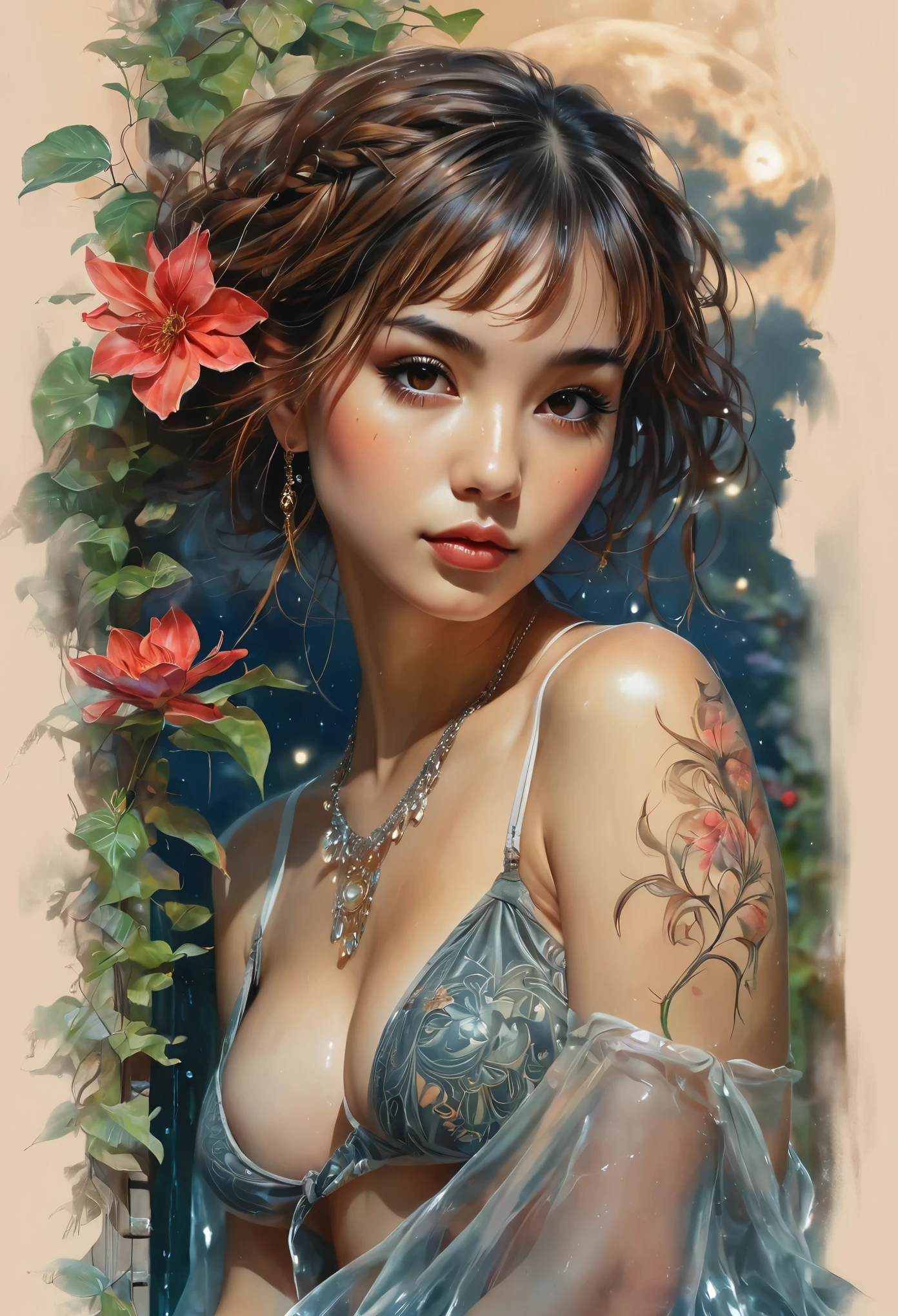 アンキー・ムーア, 底面図, セクシーな白と赤の服 (らくだのつま先), 落書きの背景, (傑作) - SeaArt AI