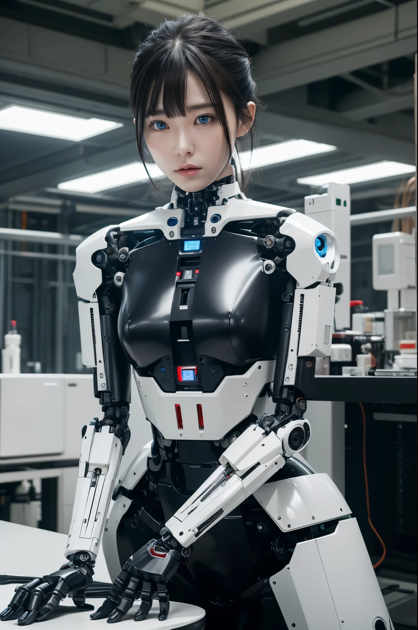 A close up of a woman in a robot suit sitting on a table - SeaArt AI