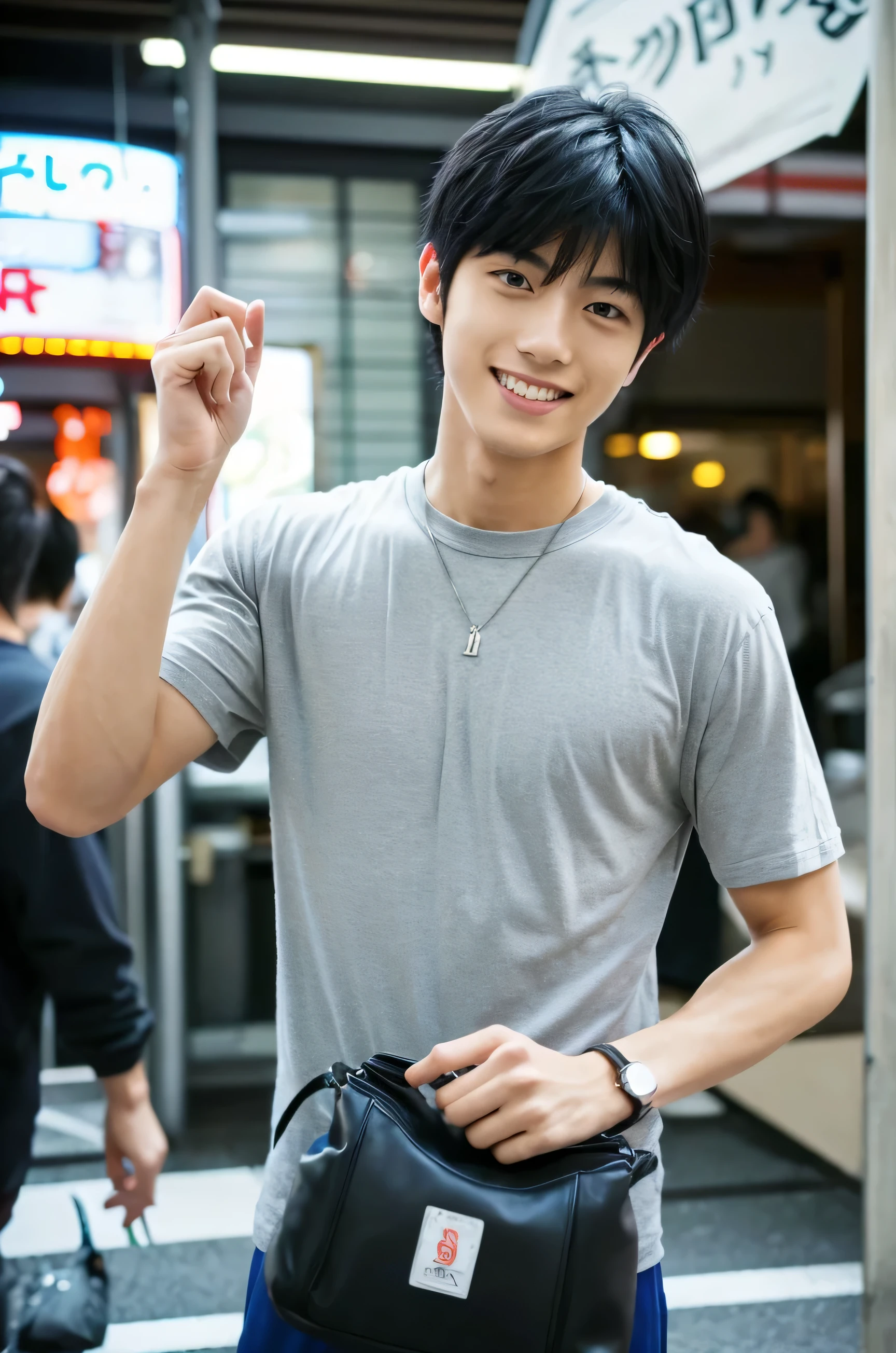 Araffe asian man in grey shirt holding a black bag - SeaArt AI