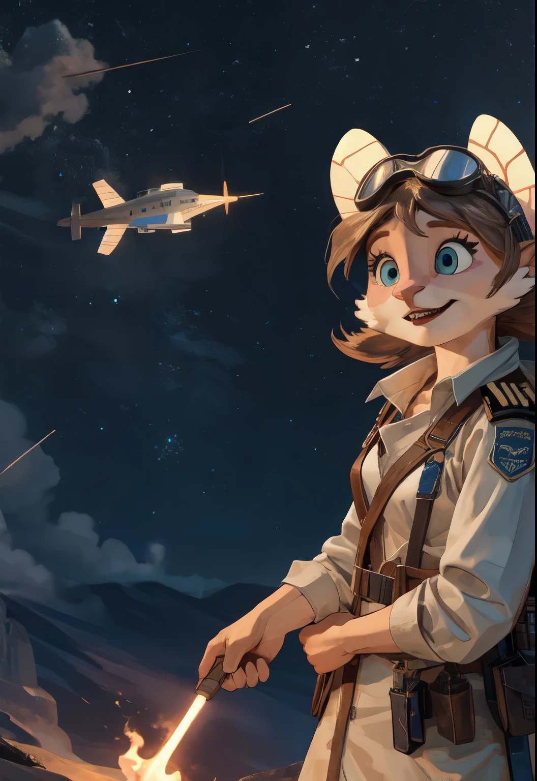 A woman in a pilot outfit holding a fire and a plane - SeaArt AI
