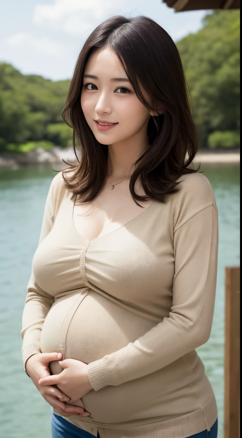 Pregnant Woman In A Tan Top Standing By The Water Seaart Ai