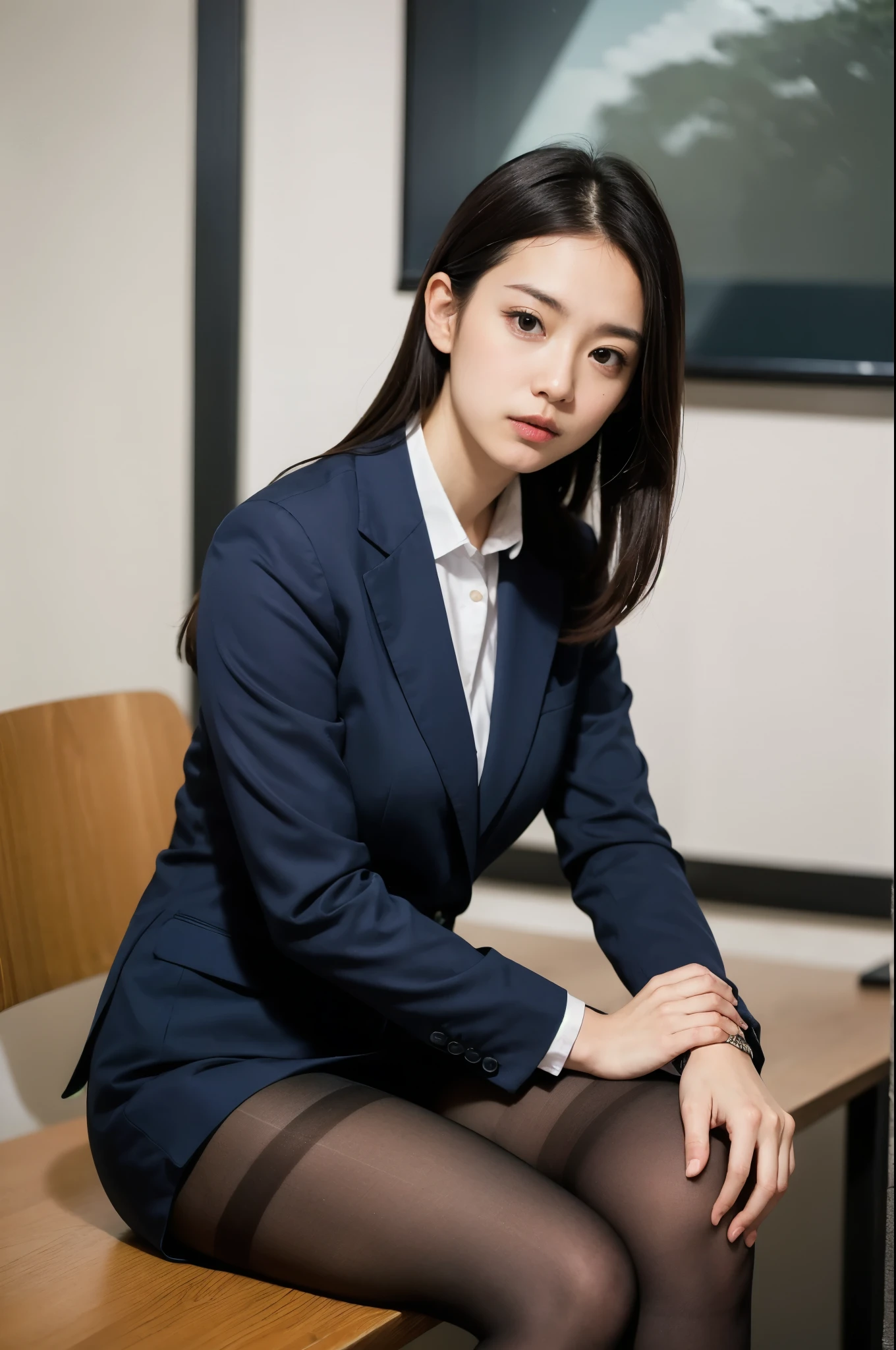 A woman in a suit sitting on a chair in a room - SeaArt AI