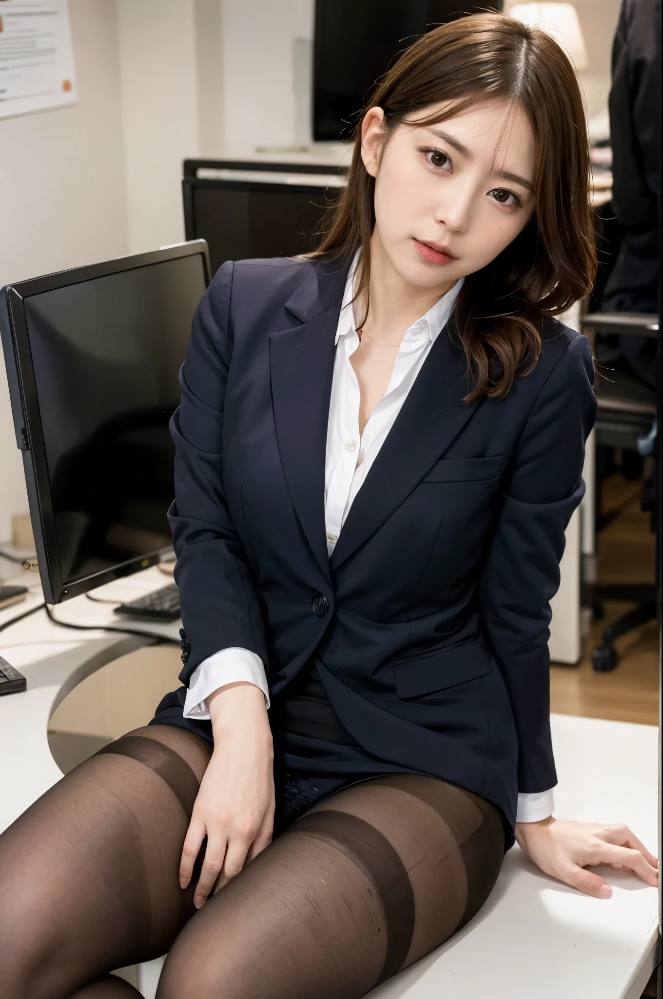 Arafed asian woman in a suit sitting on a desk with a computer - SeaArt AI