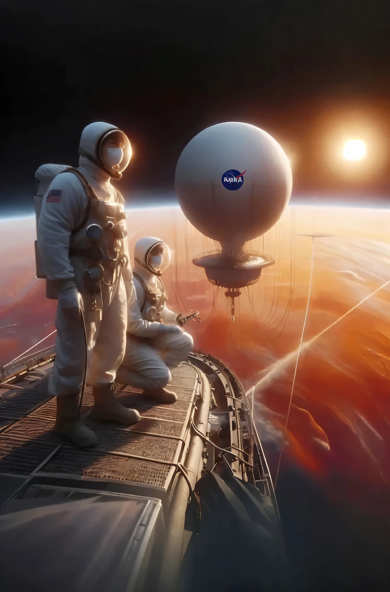 Astronauts in outer space with a balloon in the background - SeaArt AI