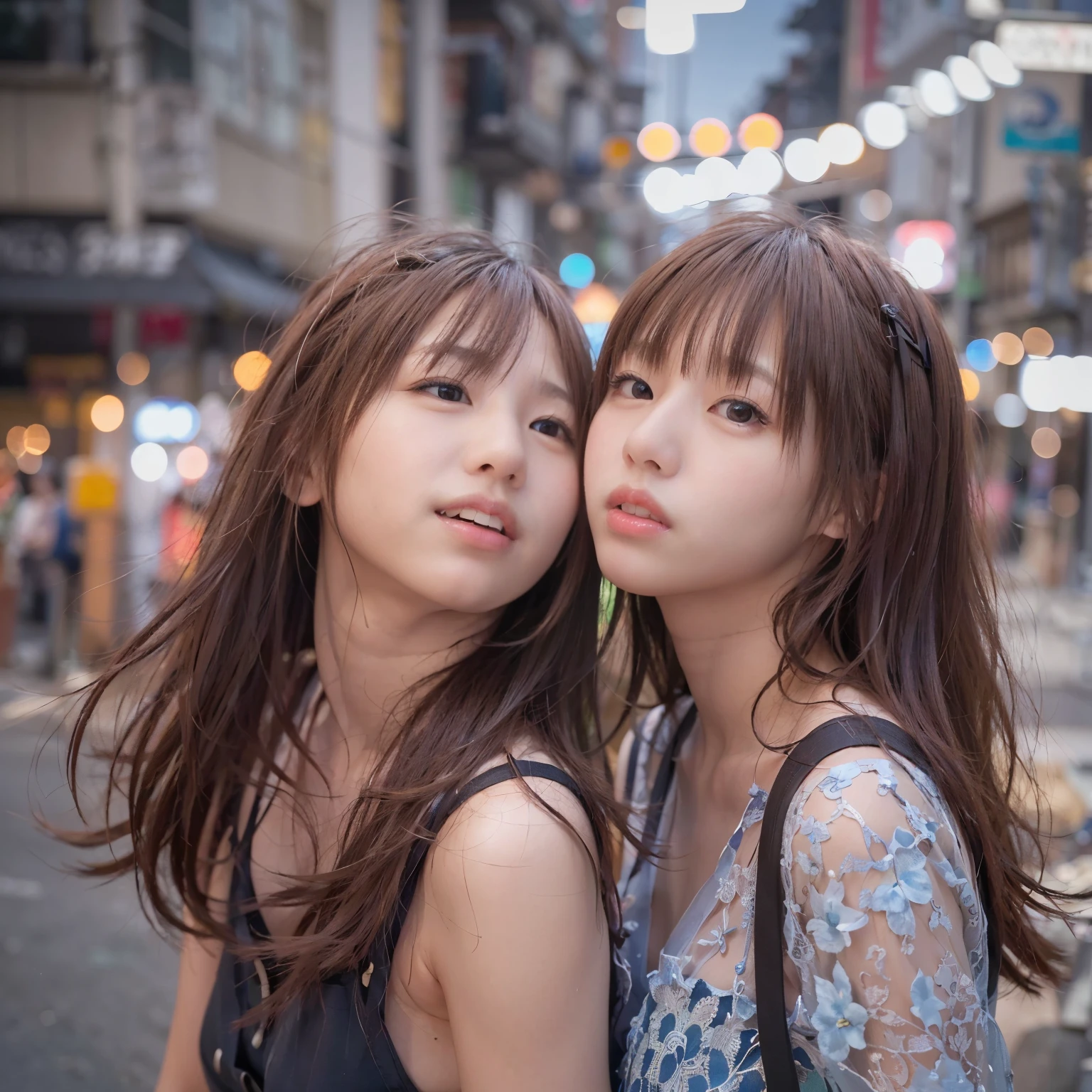 Two asian women standing in a city street with lights in the background - SeaArt AI