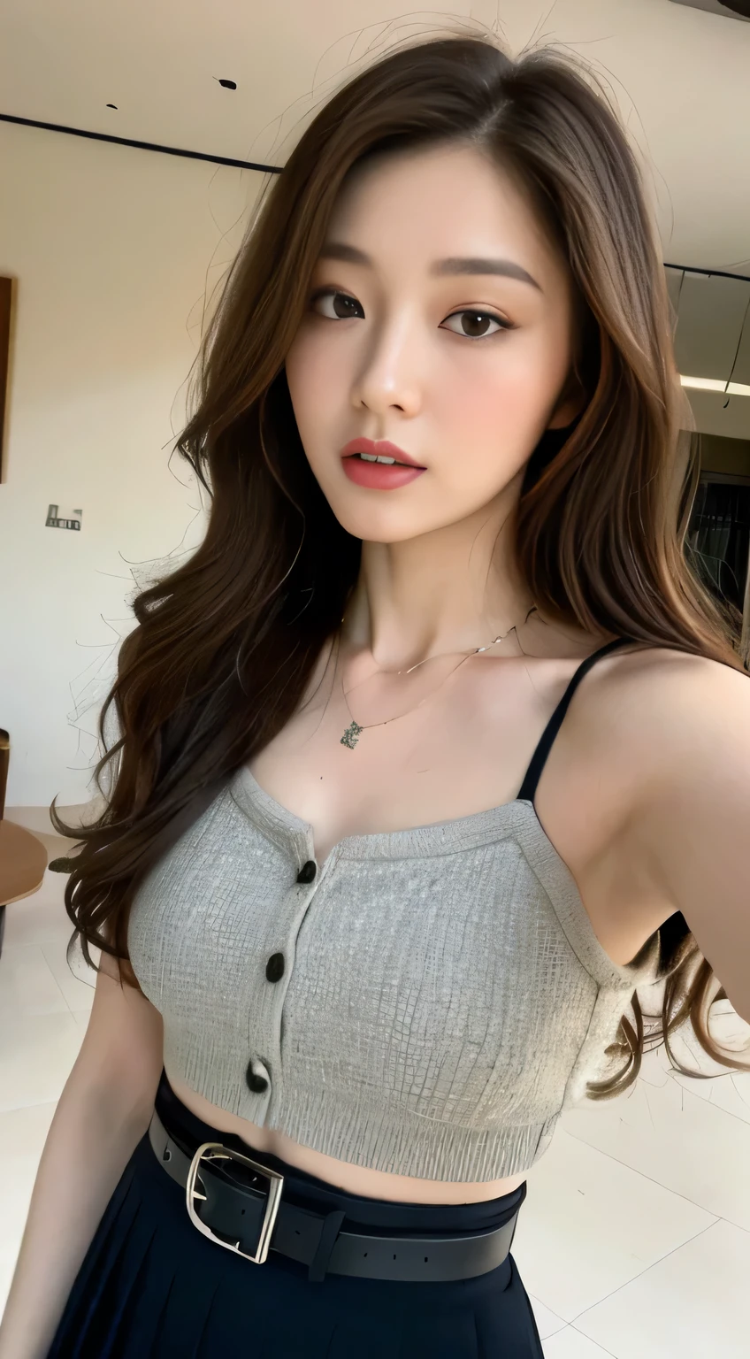 A woman in a gray top and black skirt posing for a picture - SeaArt AI