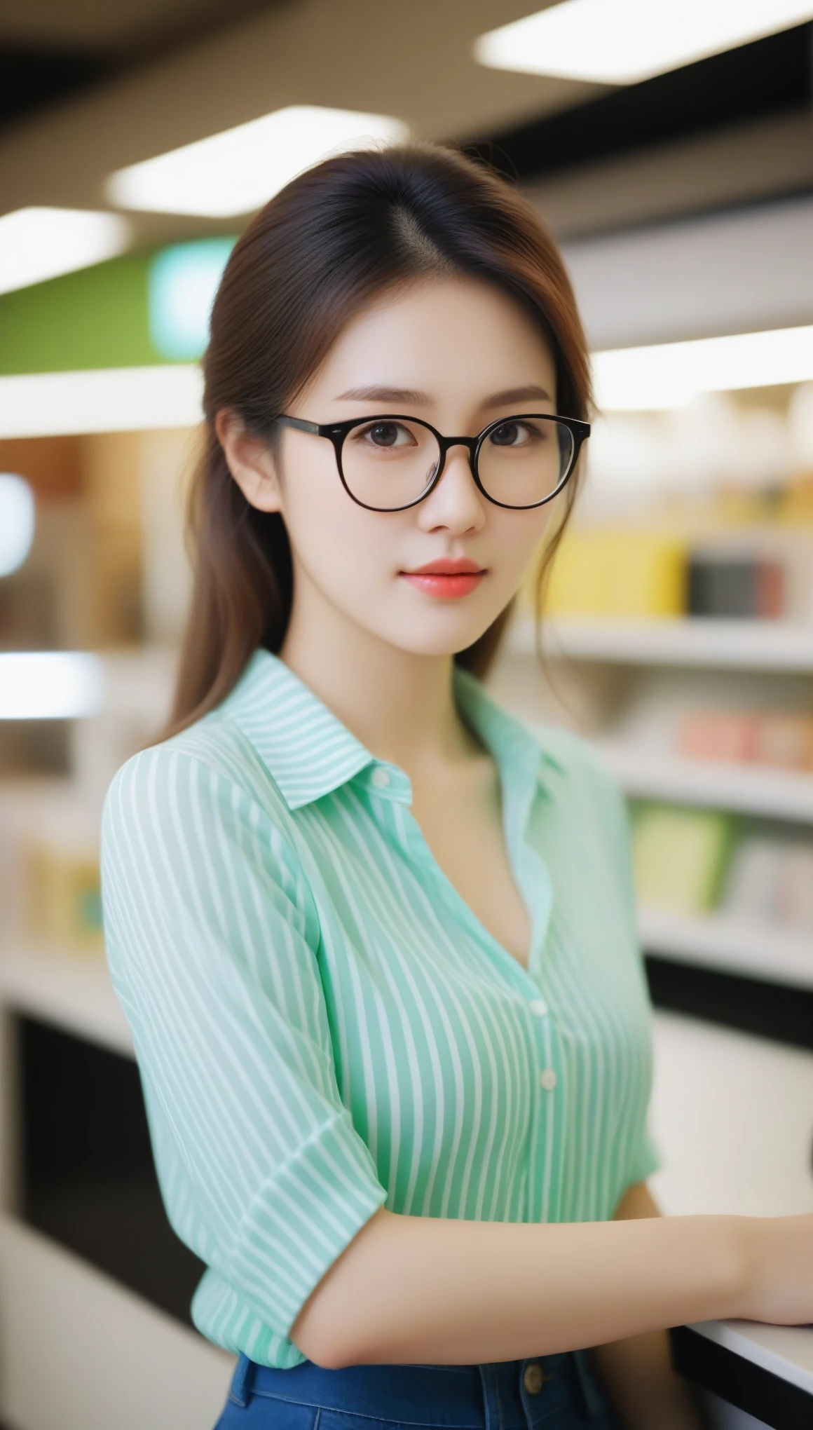 A close up of a woman wearing glasses standing in a store - SeaArt AI