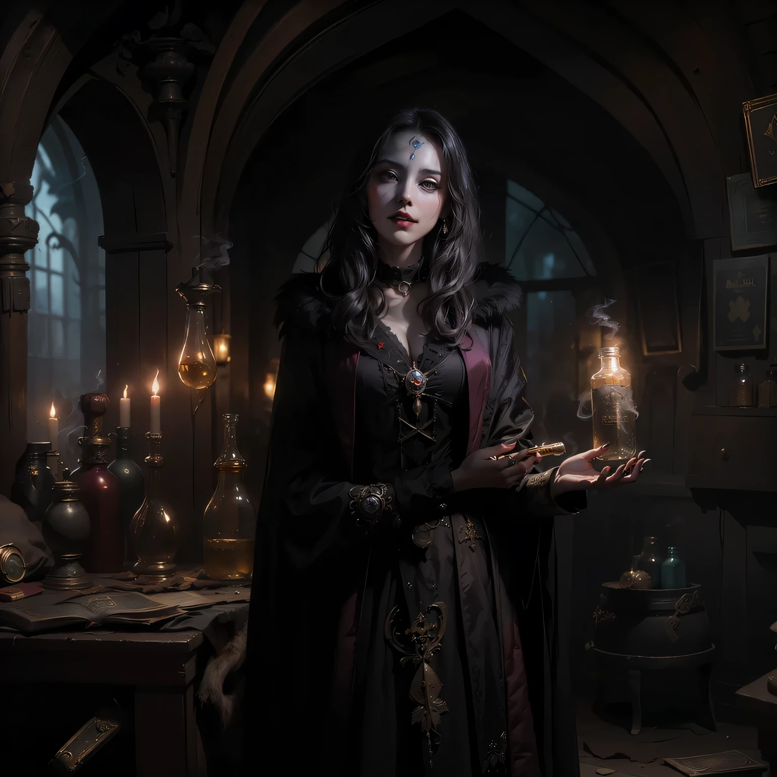 A woman in a dark room holding a candle and a book - SeaArt AI