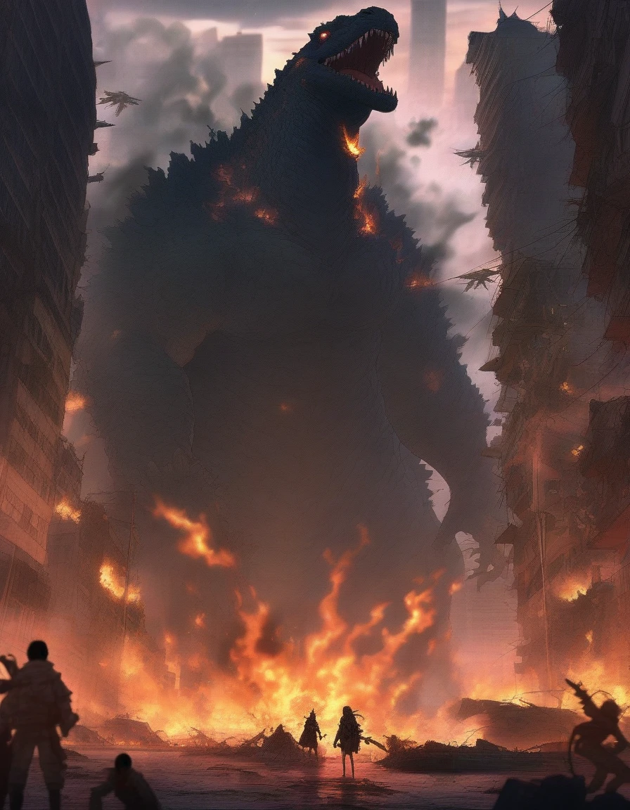 1girl, Godzilla, aesthetic, city destruction,fire-breathing monster - SeaArt AI