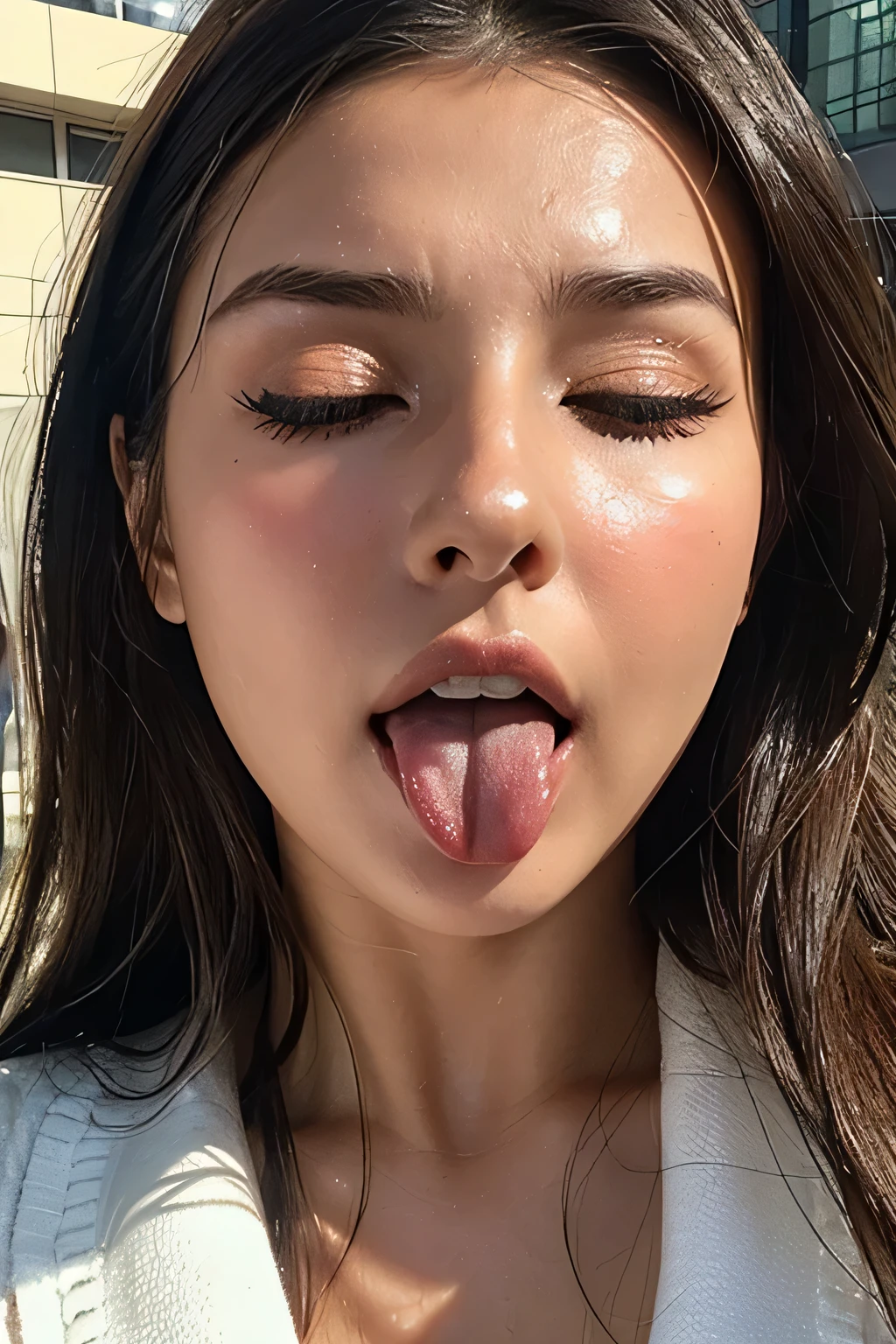 A close up of a woman sticking her tongue out with her eyes closed - SeaArt AI