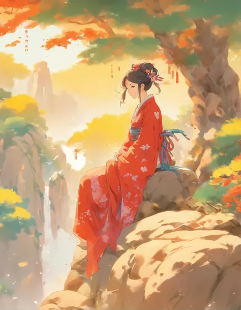 a painting of a woman sitting on a rock under a tree, an ultrafine detailed painting by Zou Zhe ...