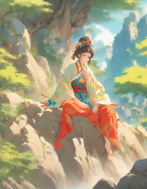 a painting of a woman sitting on a rock under a tree, an ultrafine detailed painting by Zou Zhe ...