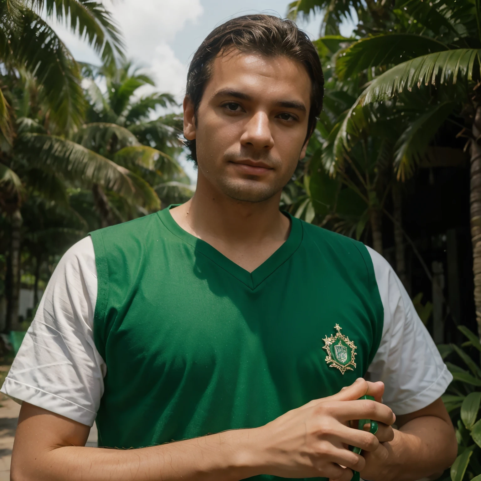 Arafed man in green shirt standing in front of palm trees - SeaArt AI
