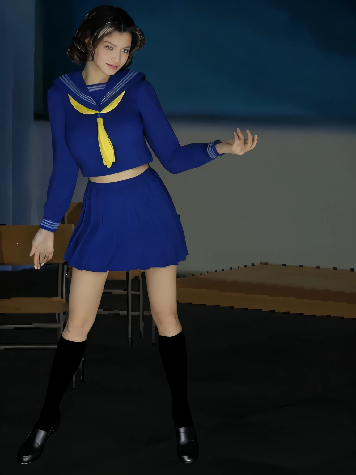 Arafed woman in a blue dress and yellow tie posing for a picture - SeaArt AI