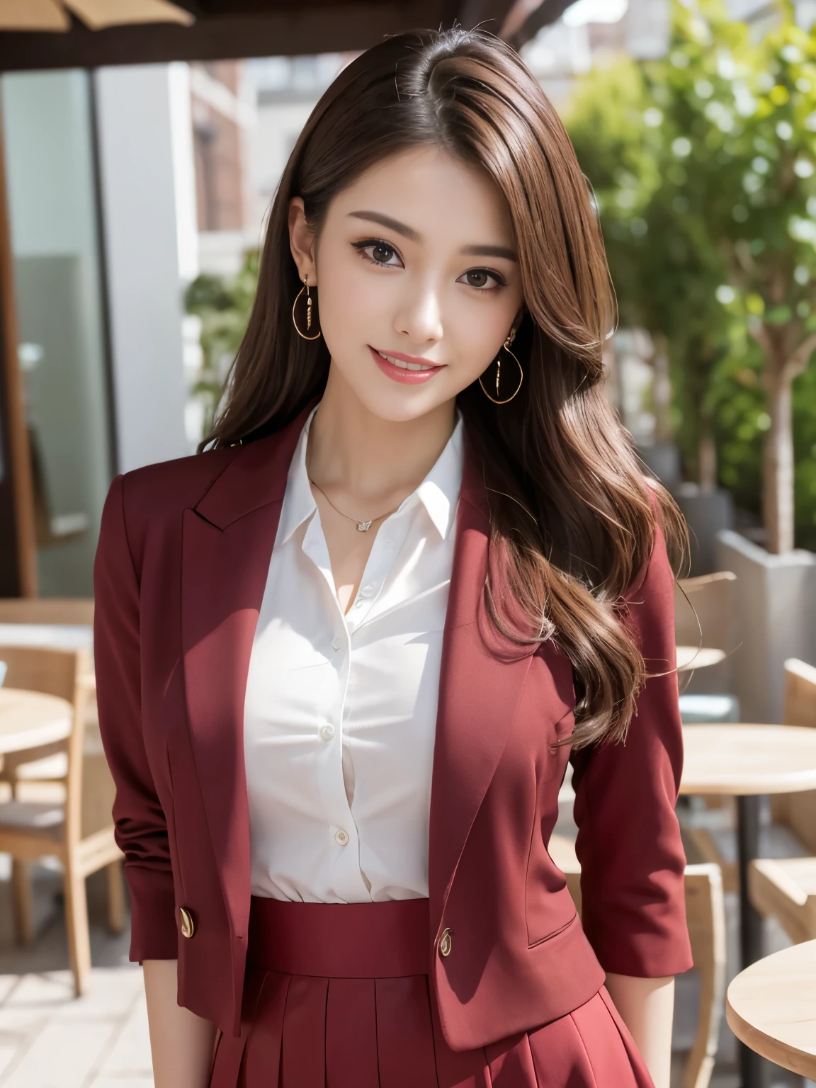 赤いスーツと白いシャツを着た女性が写真を撮るためにポーズをとっている Seaart Ai