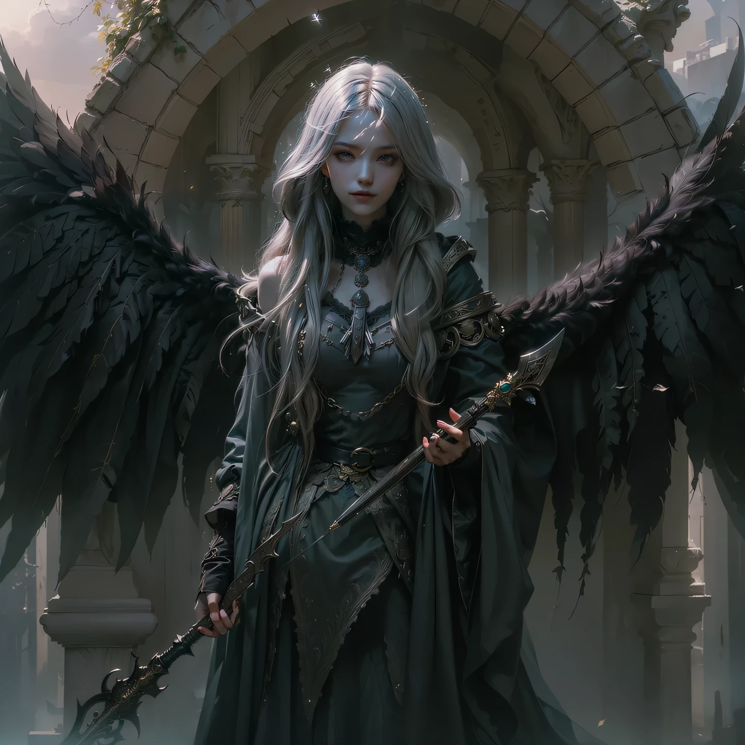 A woman with long hair and wings holding a sword in front of a building - SeaArt AI