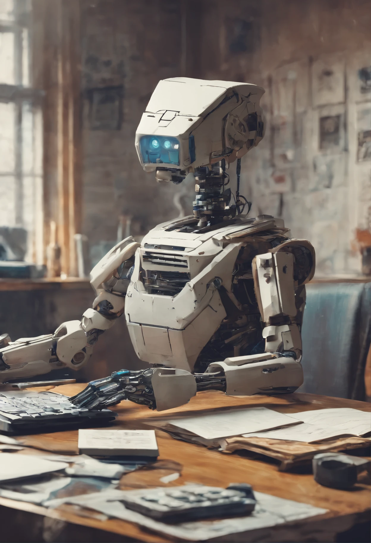 There is a robot sitting on a table with papers and a calculator ...