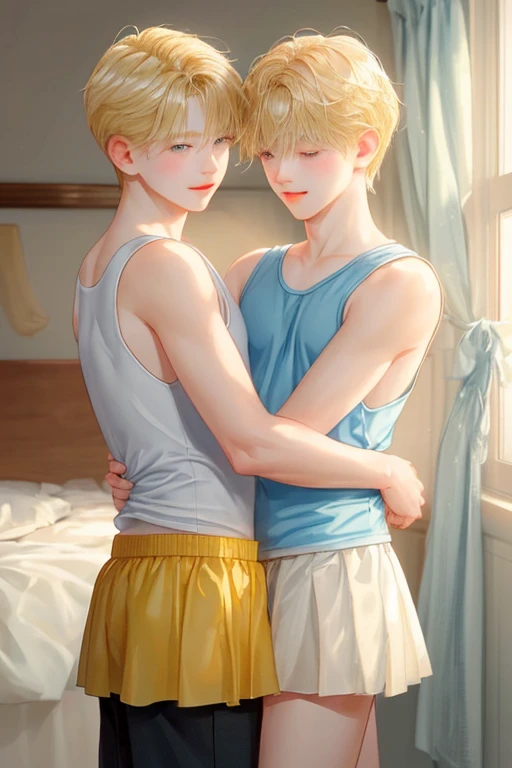 Two cute blond boys aged 11-13 years old hugging each other。 Two boys wearing ta - SeaArt AI