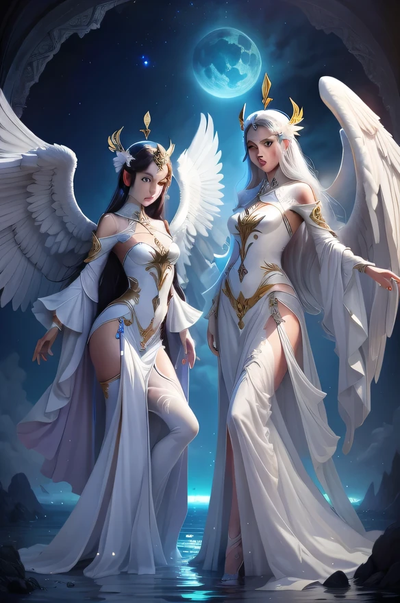 Two women dressed in white and gold standing next to each other - SeaArt AI