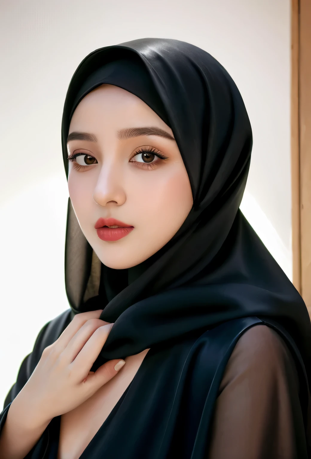 A woman wearing a black hijab and a black dress - SeaArt AI