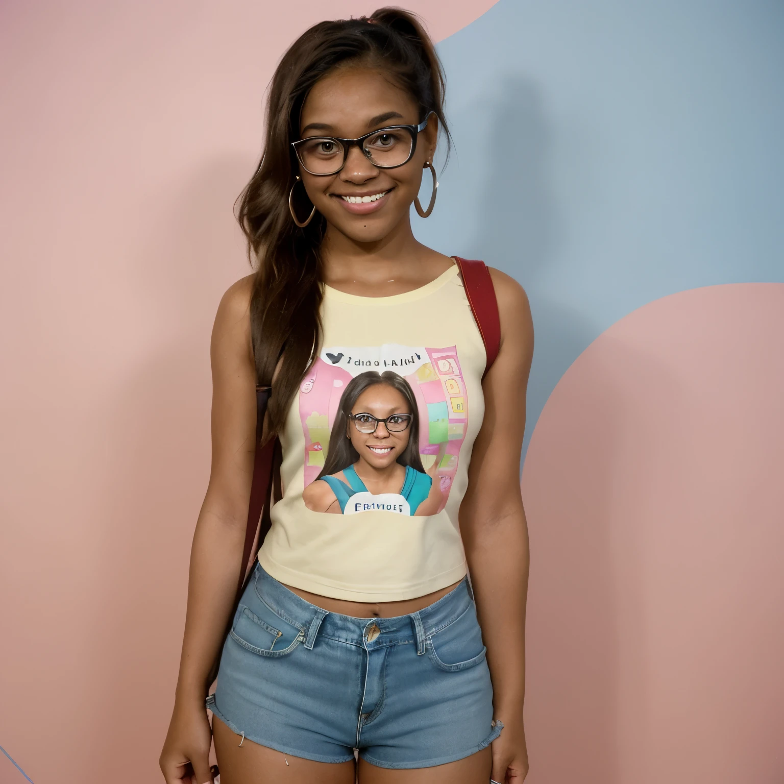 A close up of a woman wearing a tank top with a picture of a girl on it ...