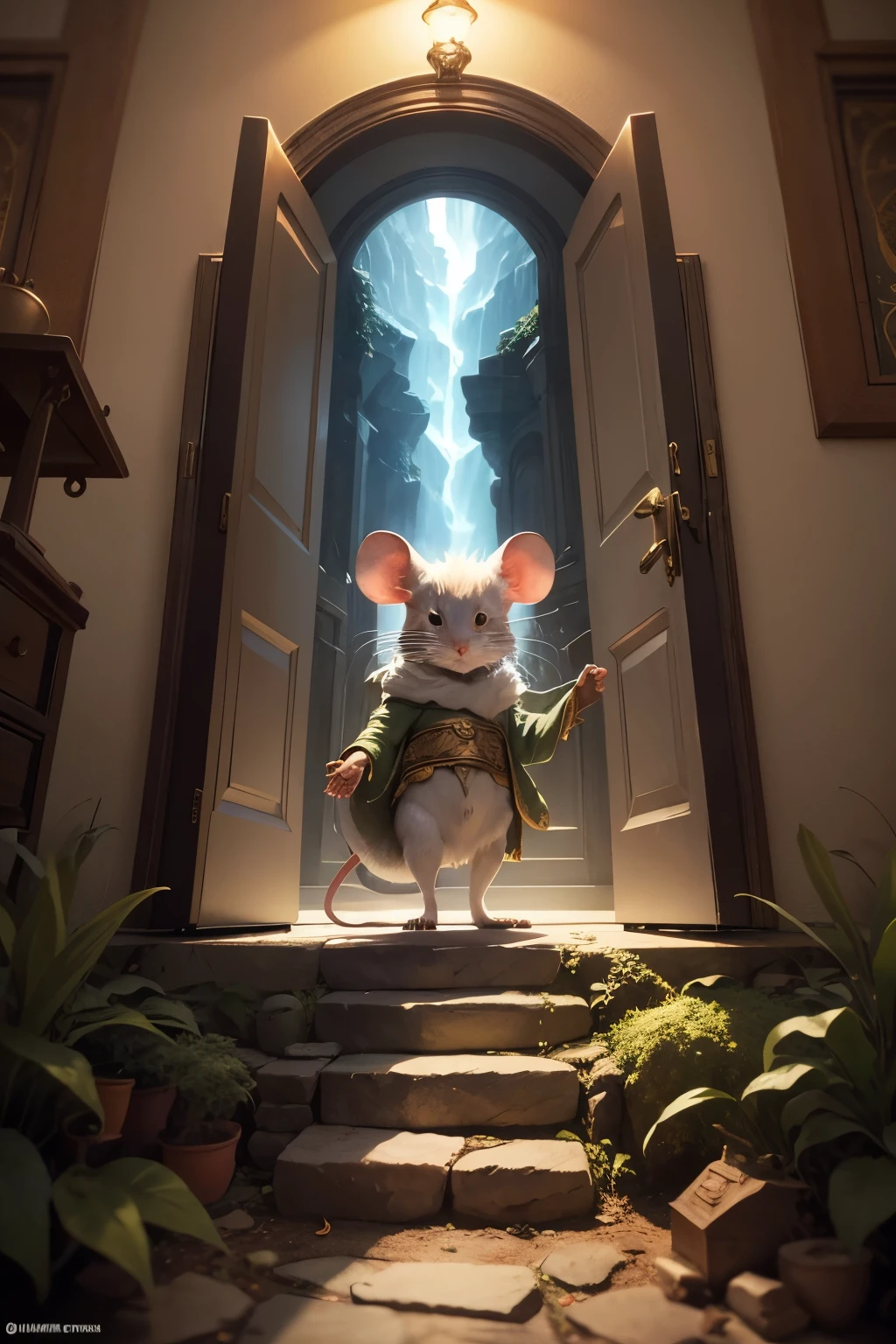 A mouse is standing in front of a door with a sword - SeaArt AI