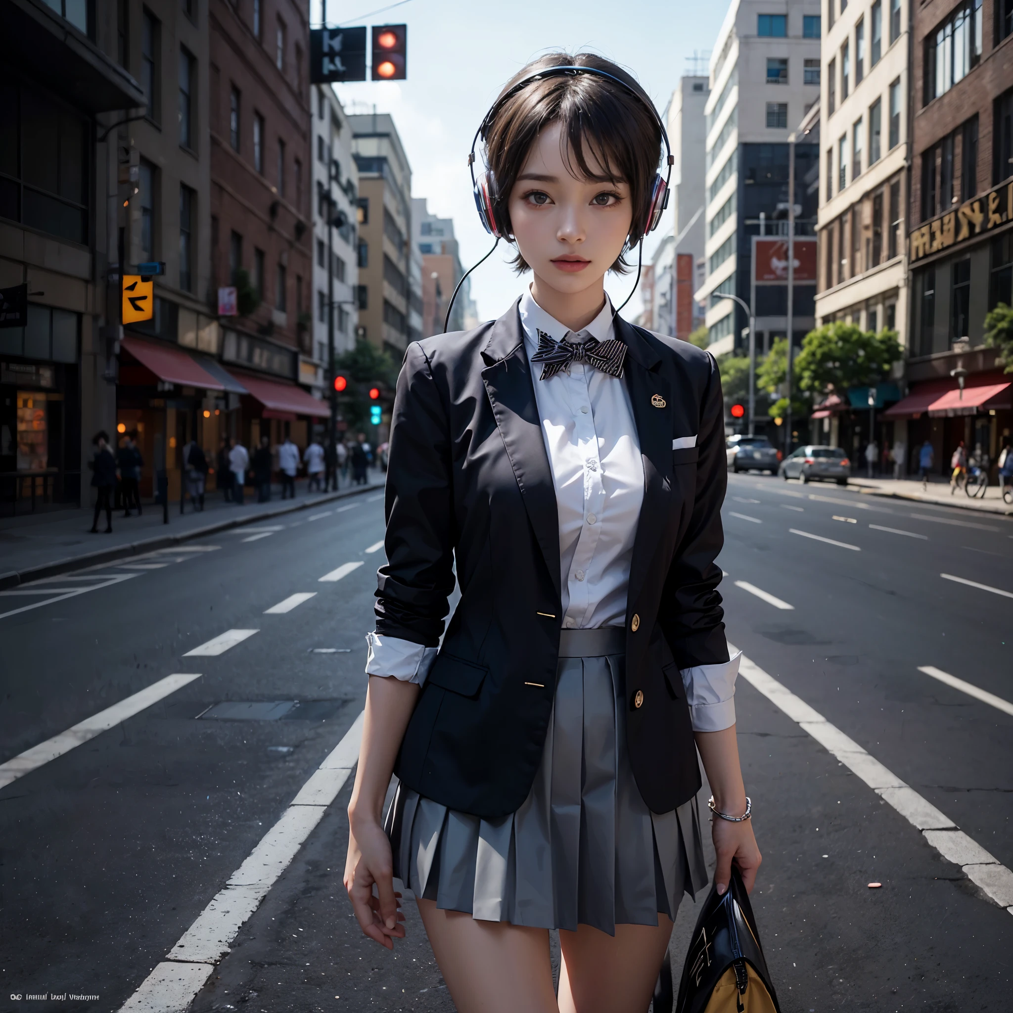 Woman in a skirt and jacket walking down a city street - SeaArt AI