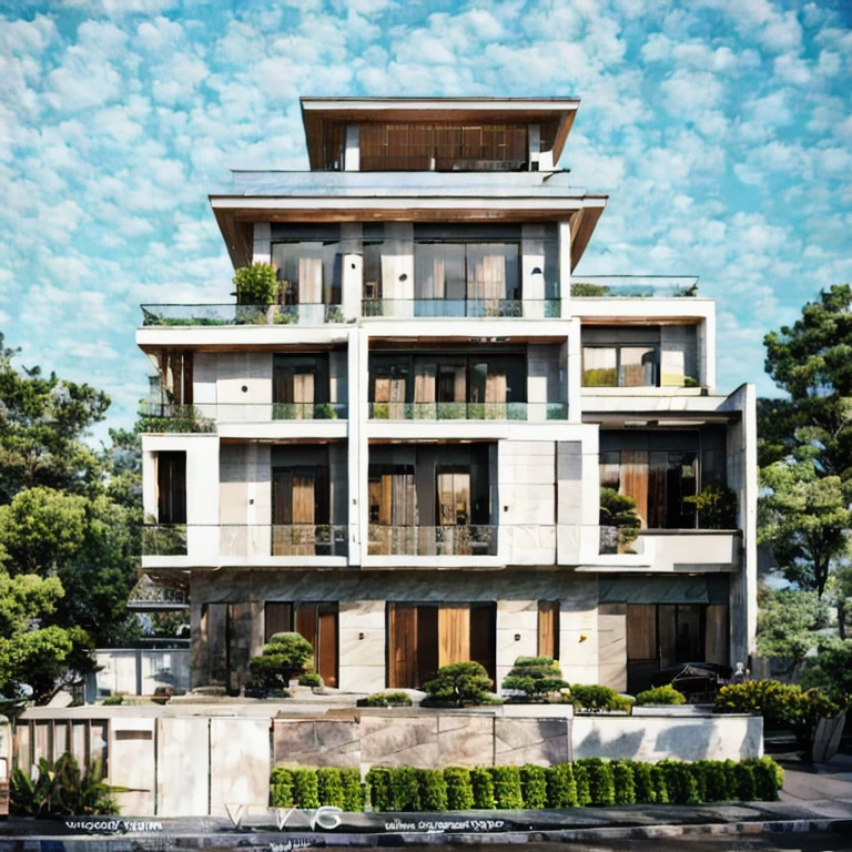 A rendering of a modern apartment building with a balcony and balconies ...