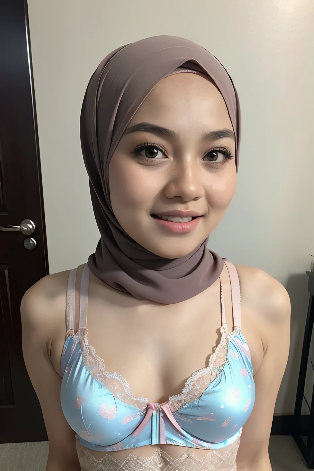 A close up of a woman wearing a blue and pink bra - SeaArt AI