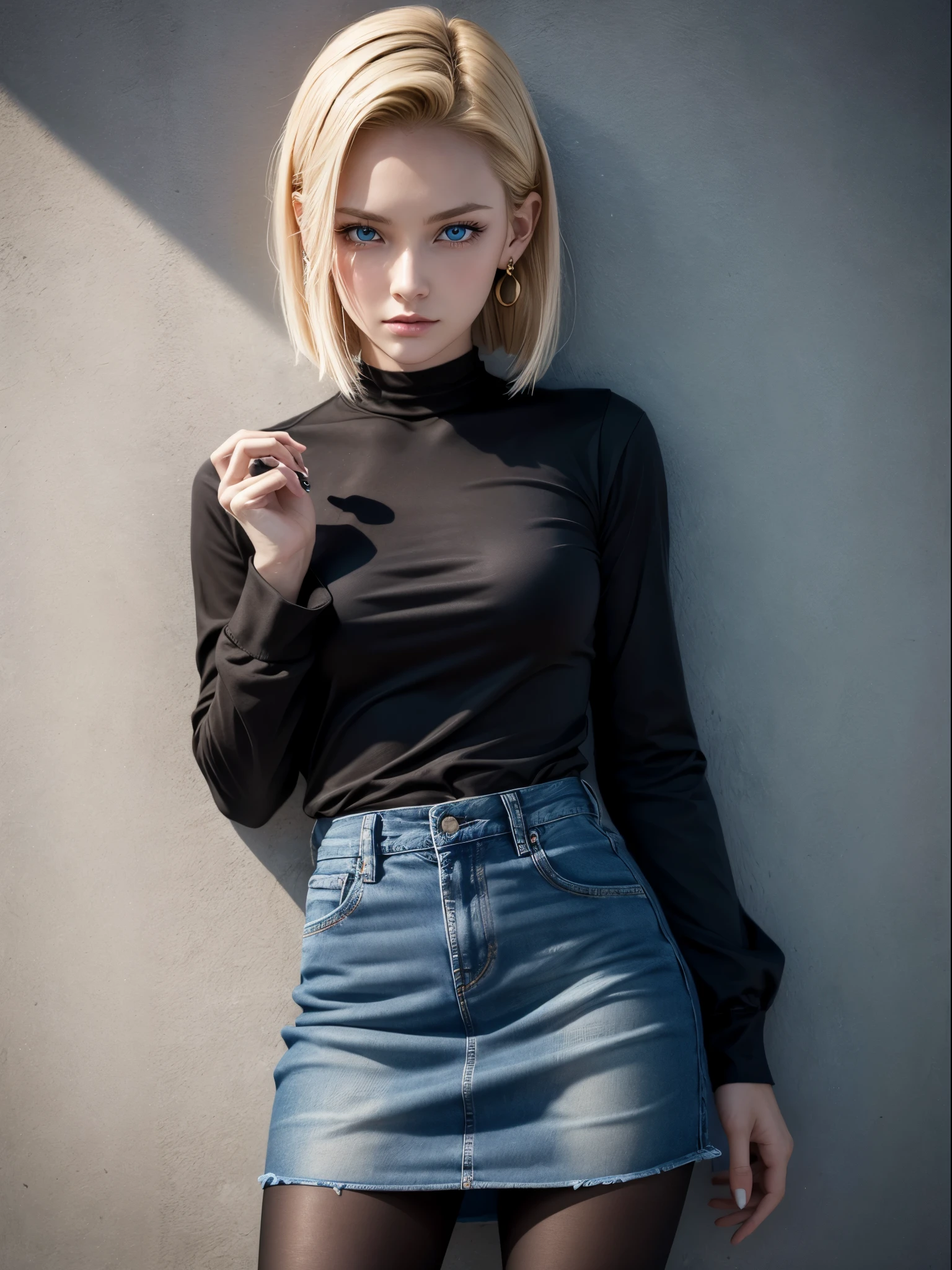 A close up of a woman in a black shirt and a denim skirt - SeaArt AI