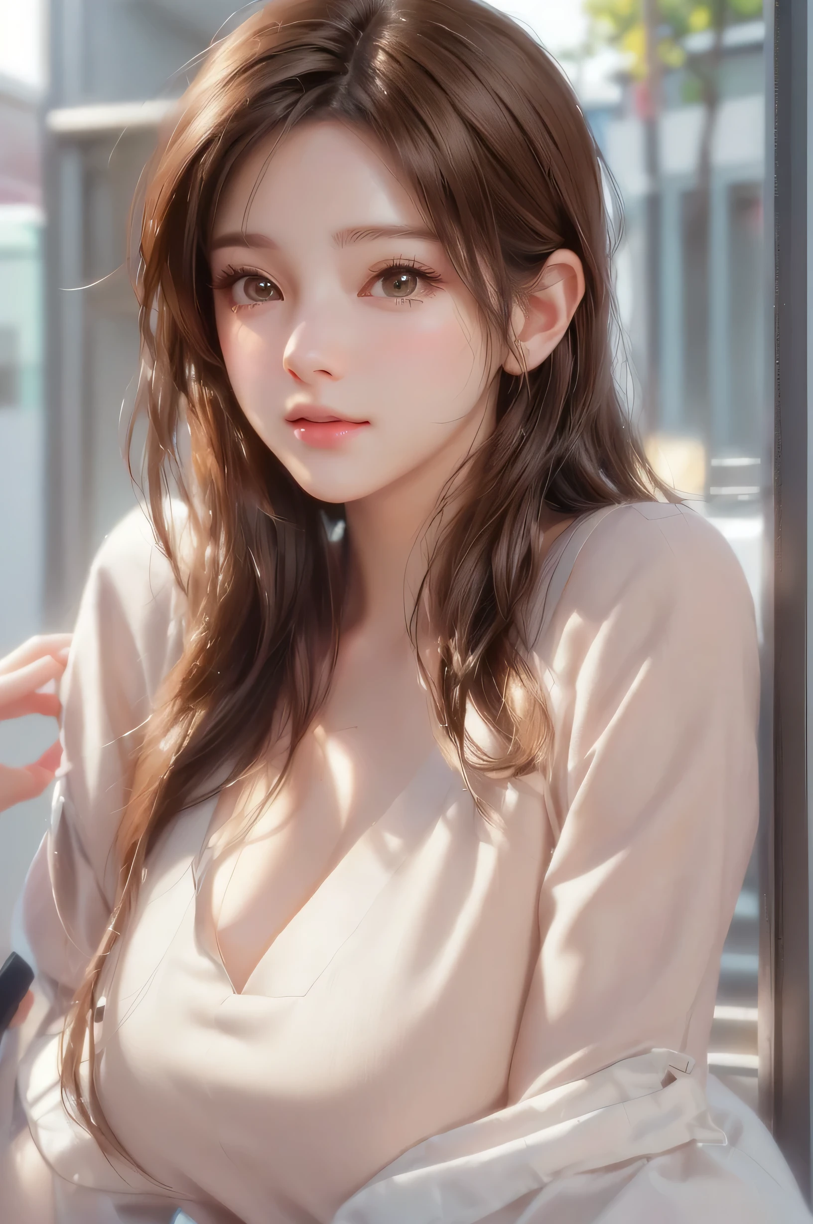 長い茶色の髪と白いシャツの女性 Seaart Ai