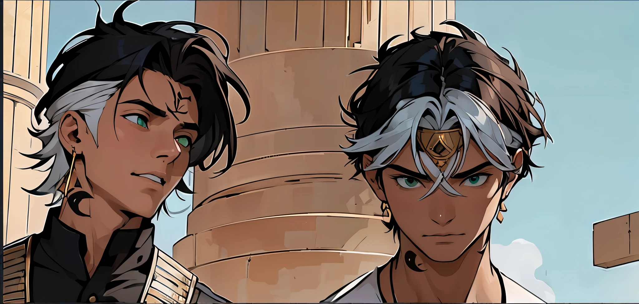 Two anime characters are standing next to each other in front of a ...