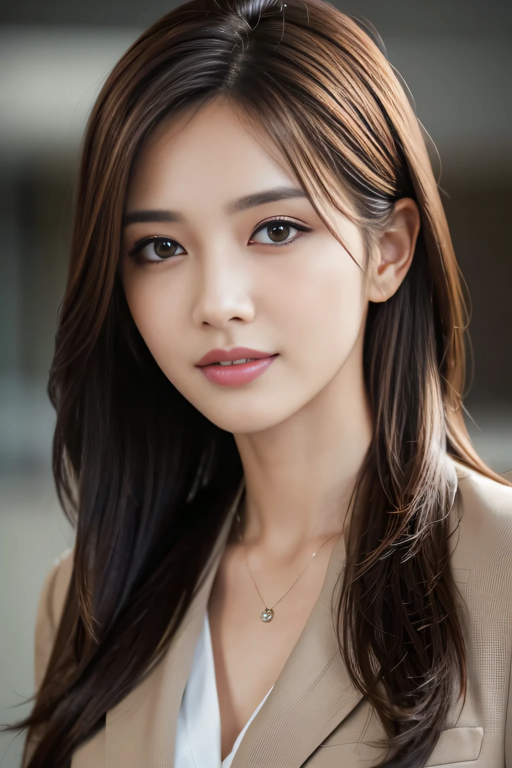 長い髪と日焼けしたジャケットを着た女性が写真にポーズをとっている - SeaArt AI