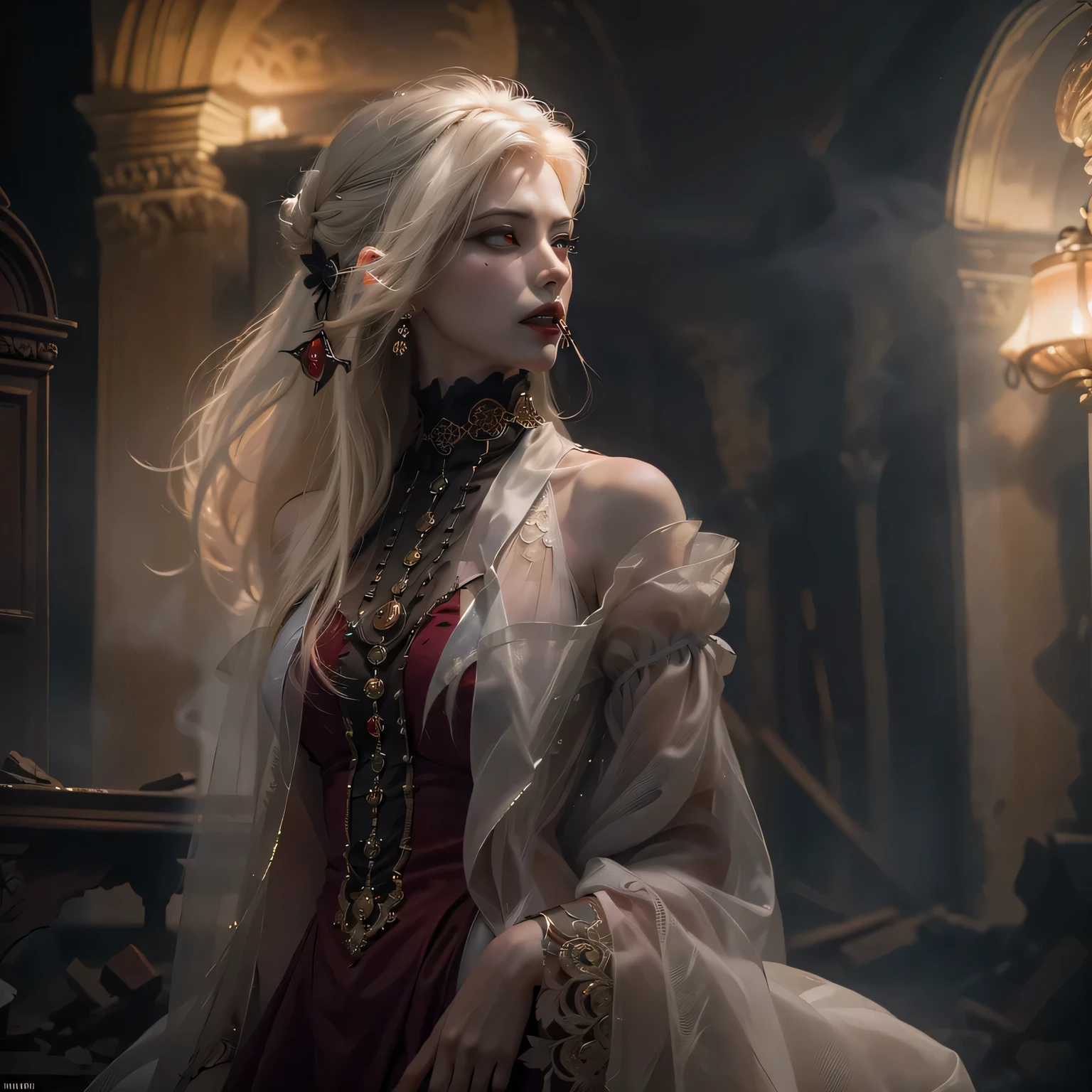 A woman in a red dress and a white cape is standing in a dark room - SeaArt AI