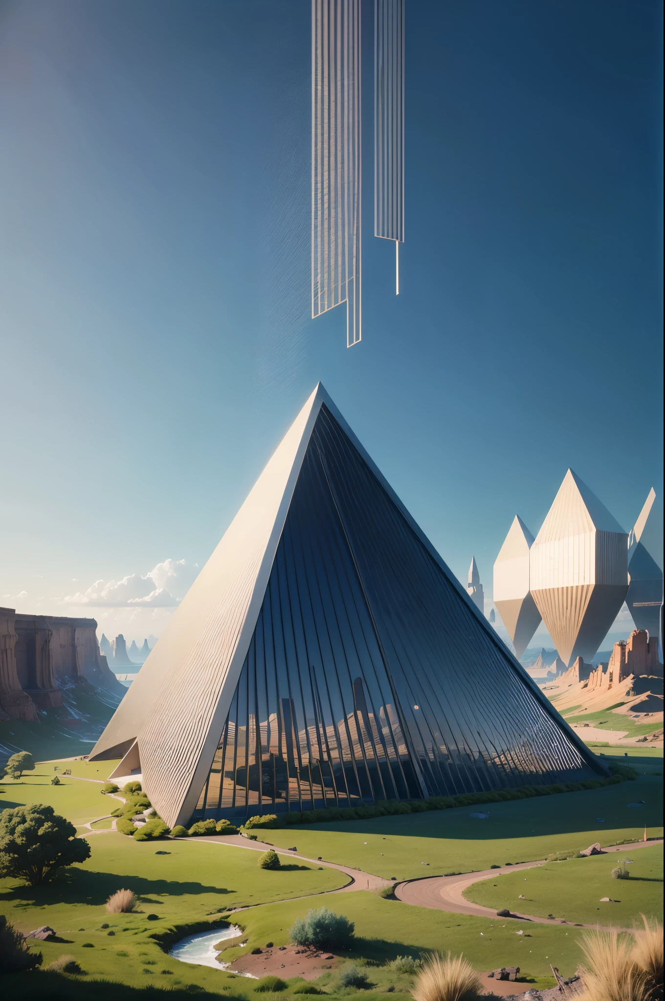 A close up of a pyramid shaped building with a stream of water - SeaArt AI