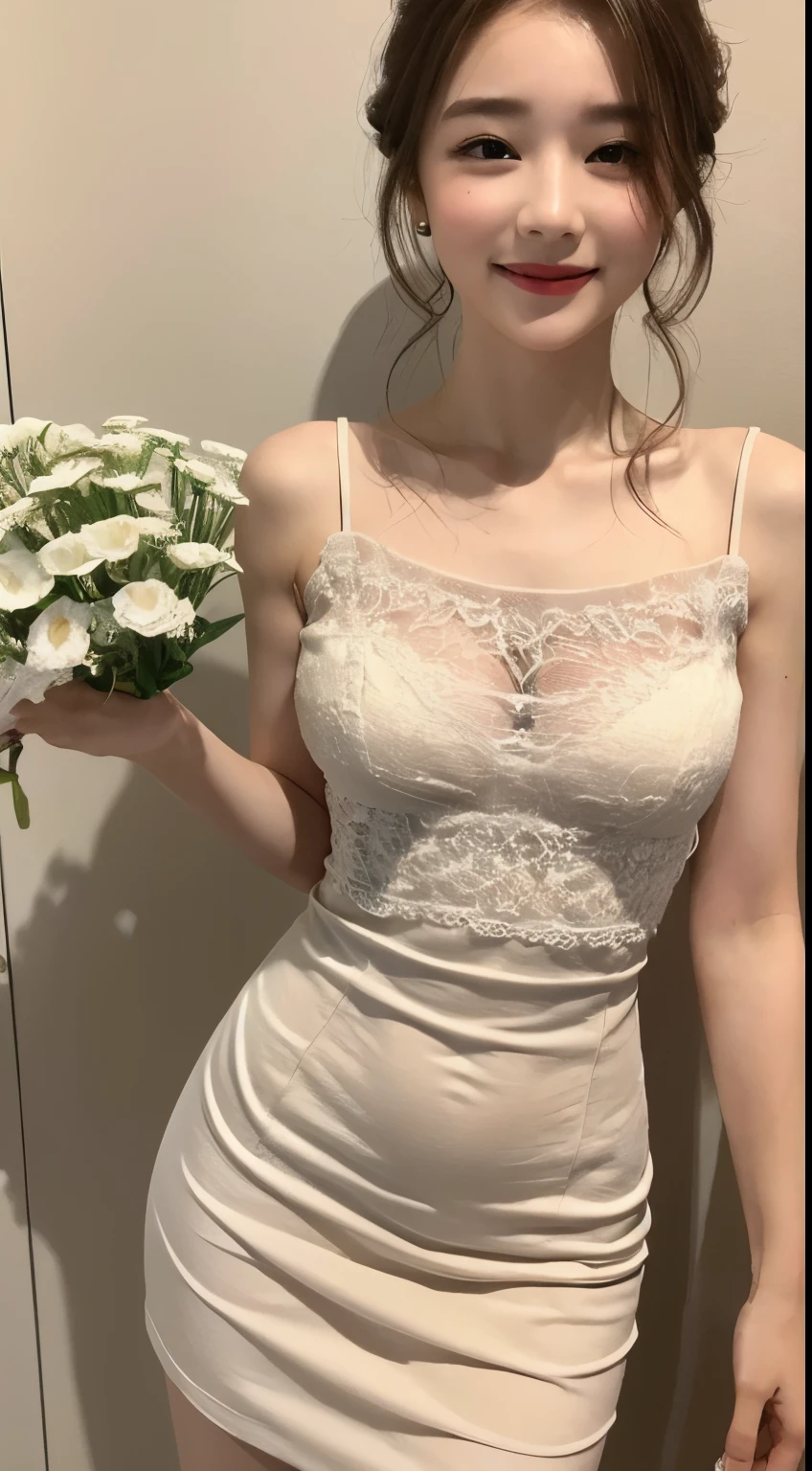 A woman in a white dress holding a bouquet of flowers - SeaArt AI