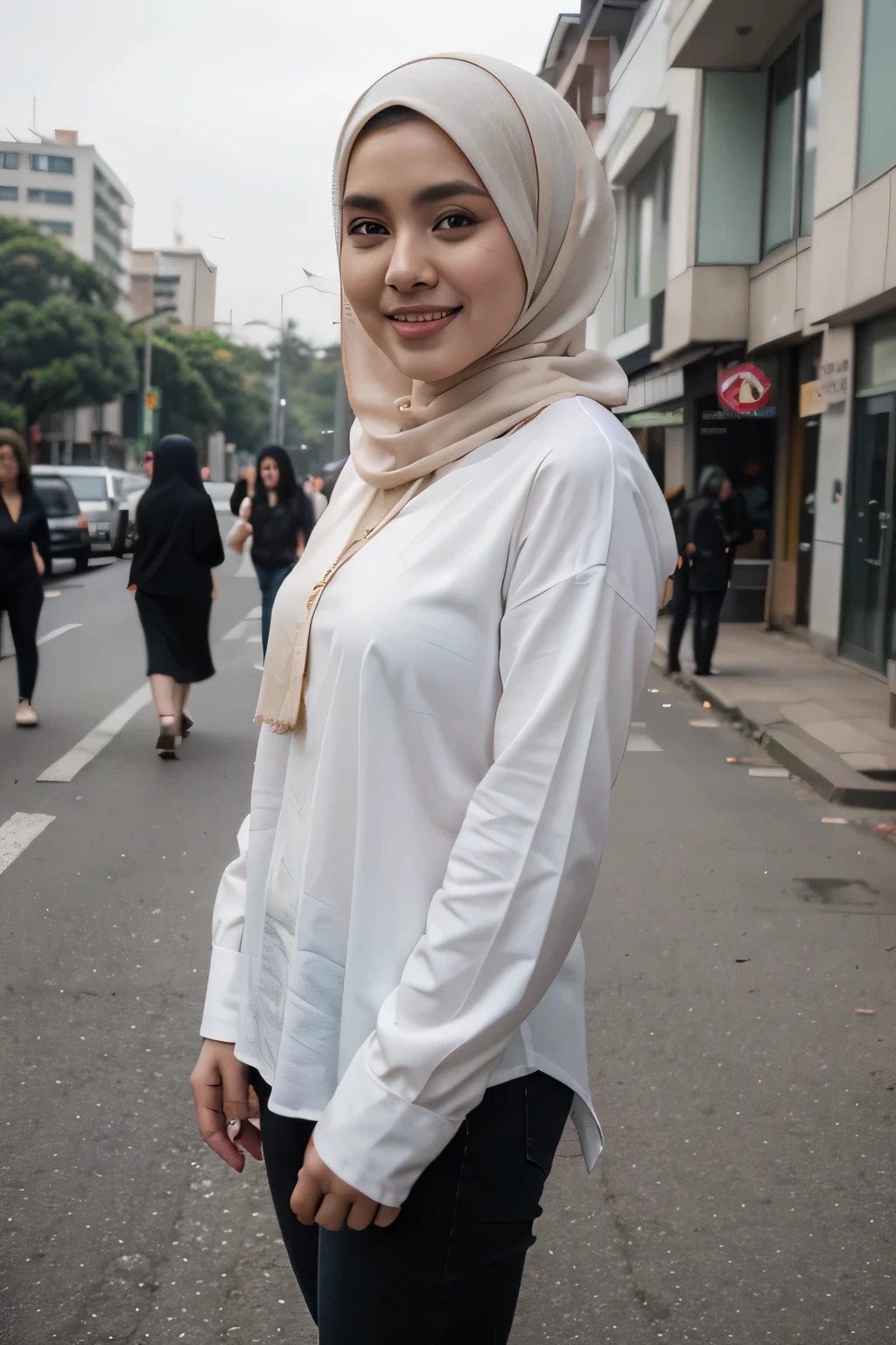 Arafed woman in a white shirt and black pants standing on a street - SeaArt AI