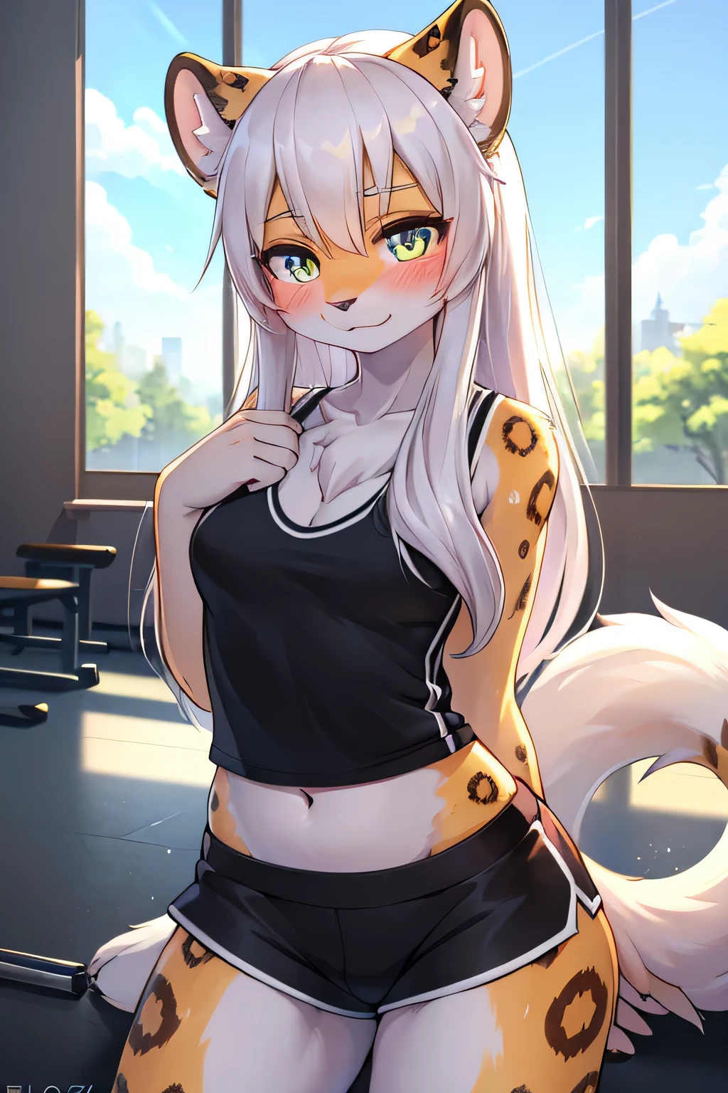 A cartoon picture of a woman with a cat tail and a black top - SeaArt AI