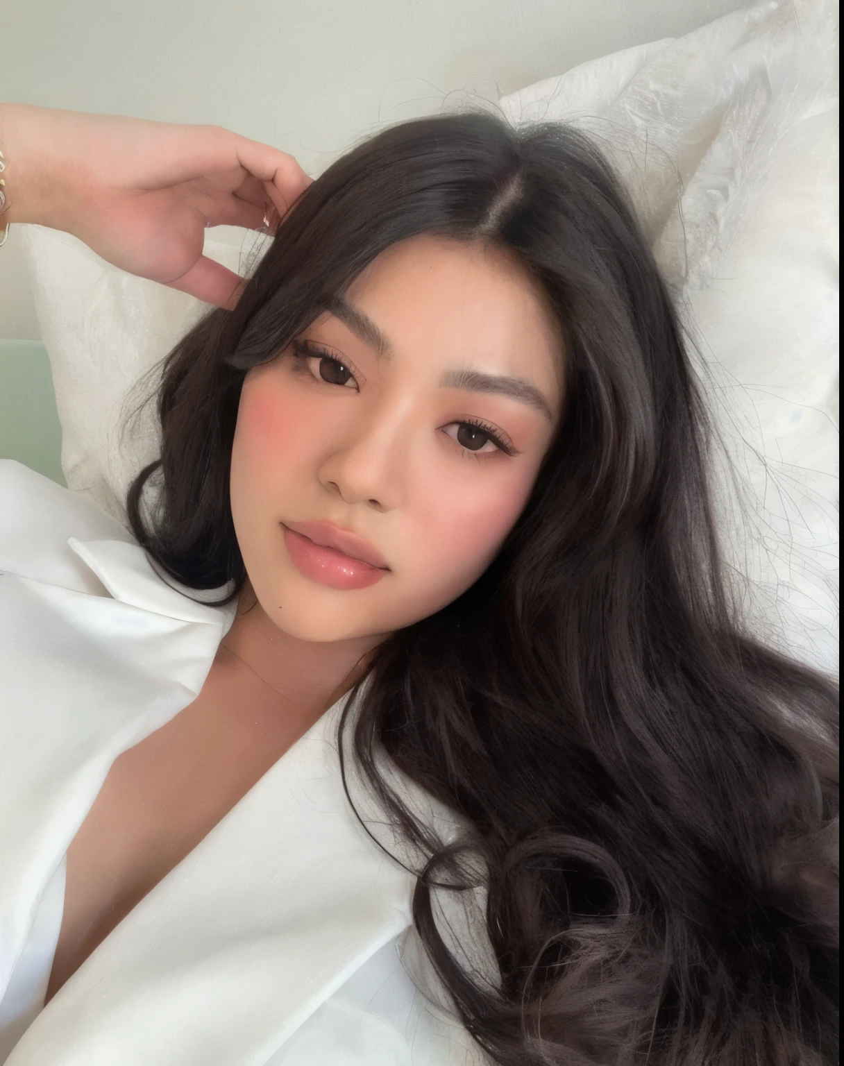 A Close Up Of A Woman Laying In Bed With A White Shirt Seaart Ai