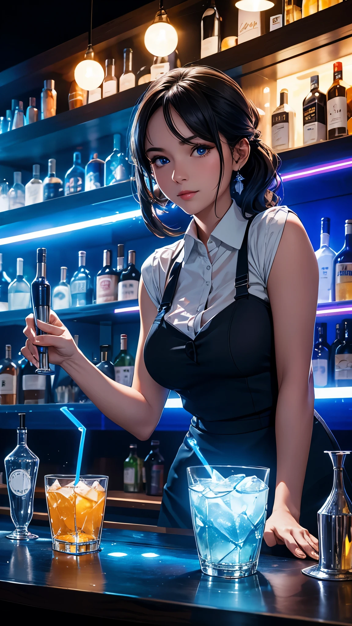 Arafed woman in a bar with a drink and a cell phone - SeaArt AI