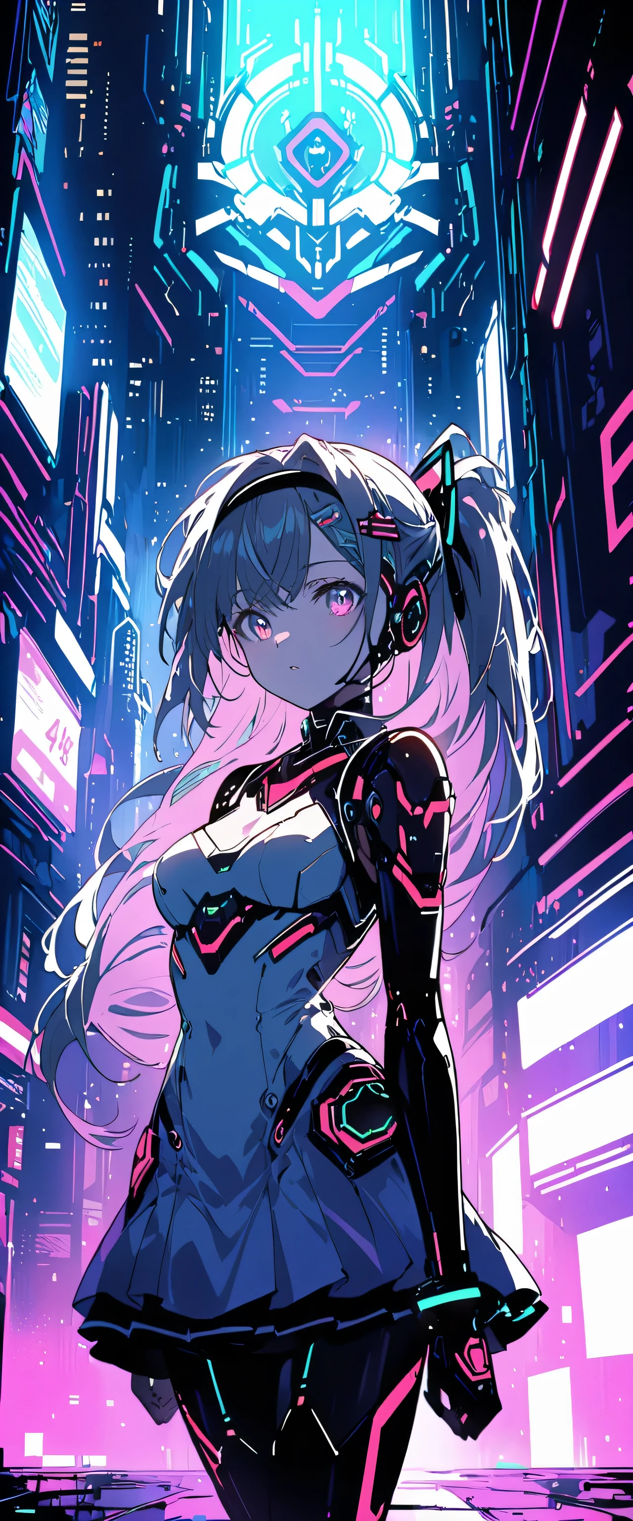 A woman in a futuristic city with neon lights and a futuristic building ...