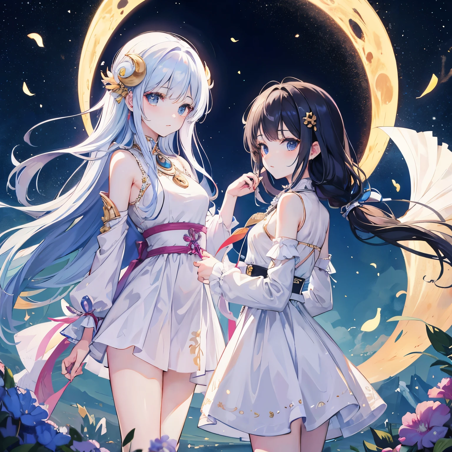 Two anime girls in white dresses standing in front of a full moon ...