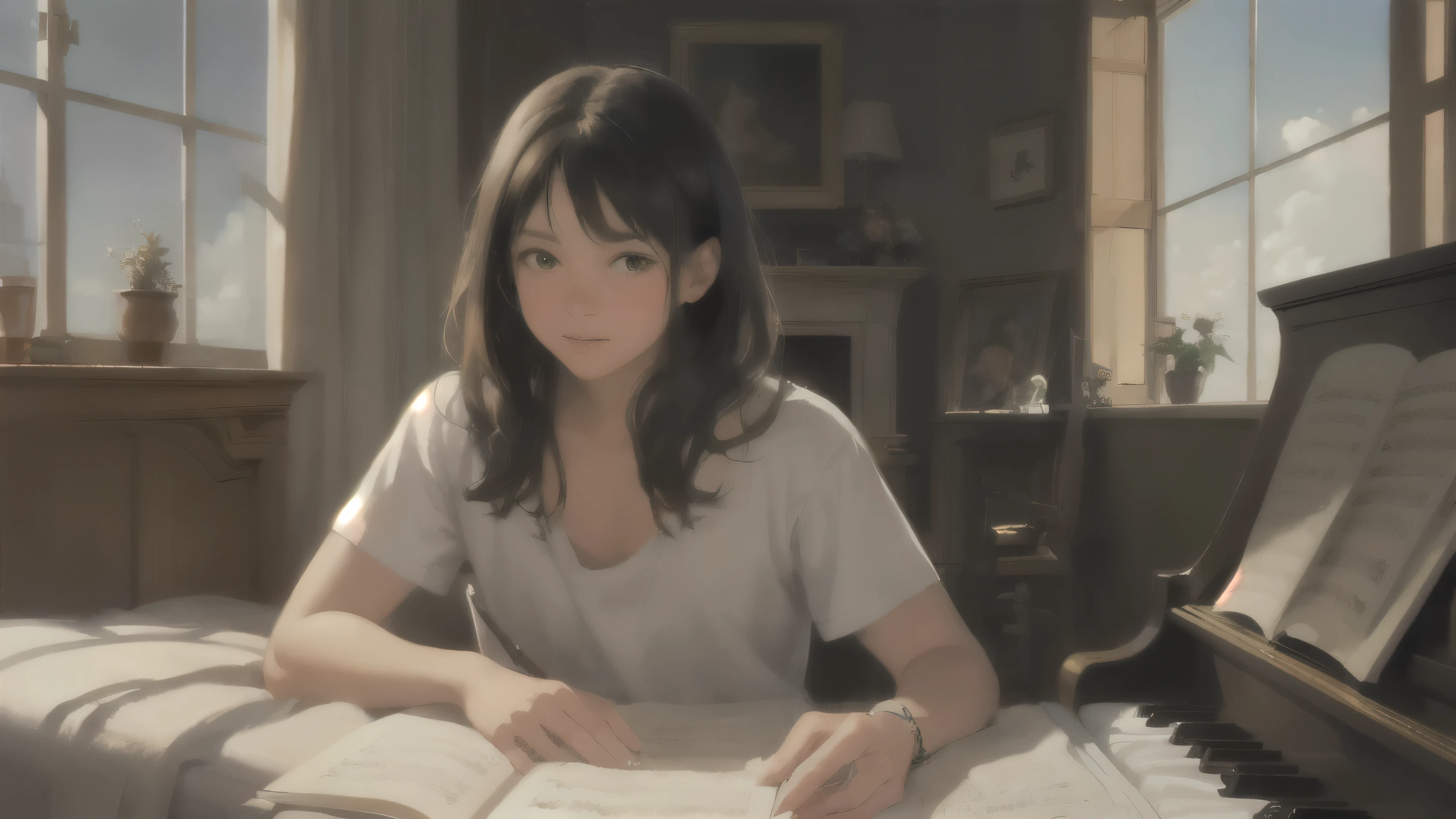 There is a woman sitting at a table reading a book - SeaArt AI