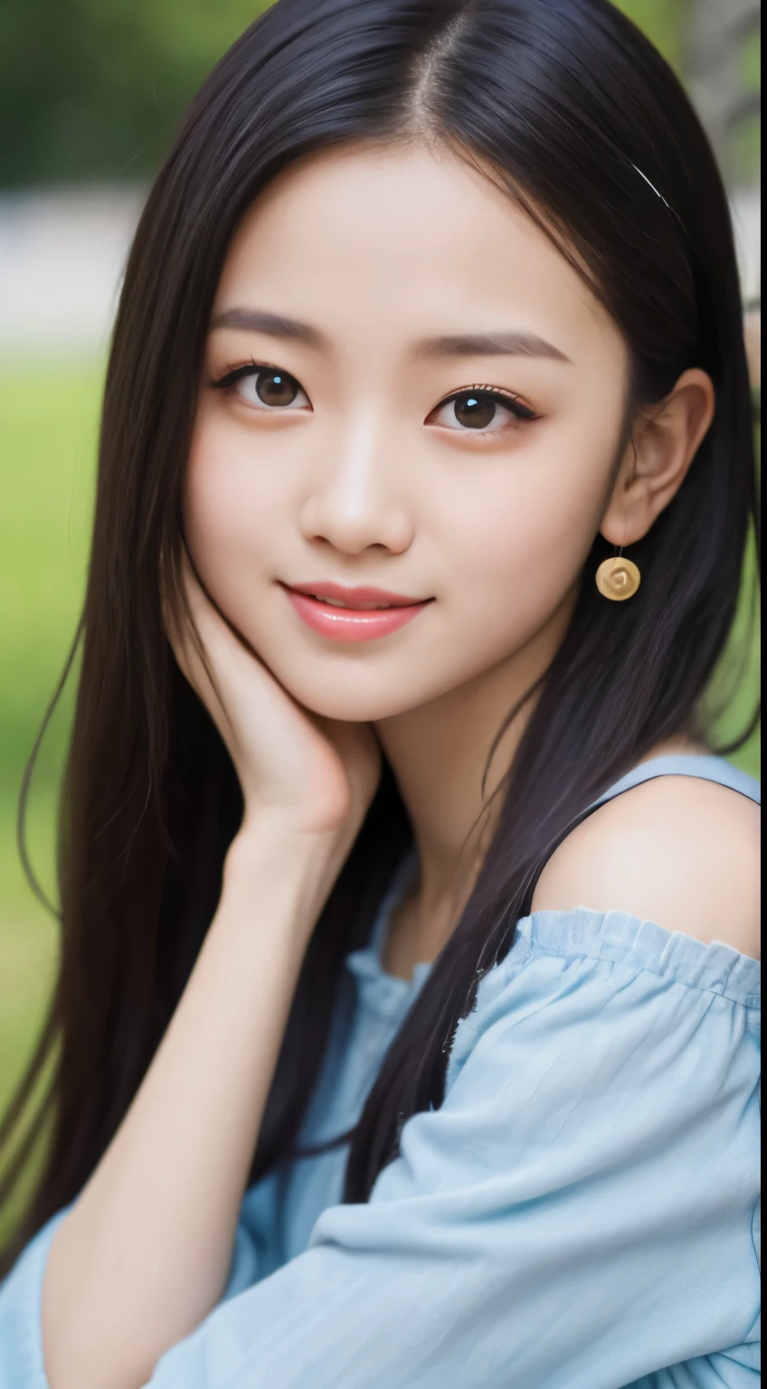 A close up of a woman with long hair and a blue shirt - SeaArt AI