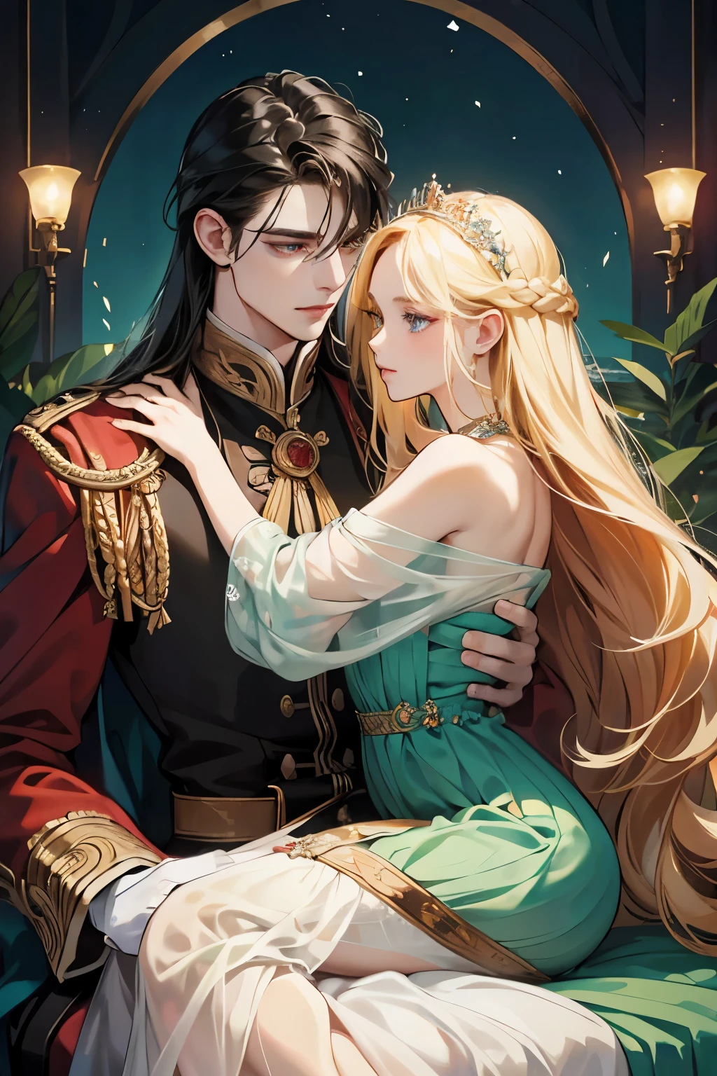 A couple of anime characters hugging each other in front of a window ...