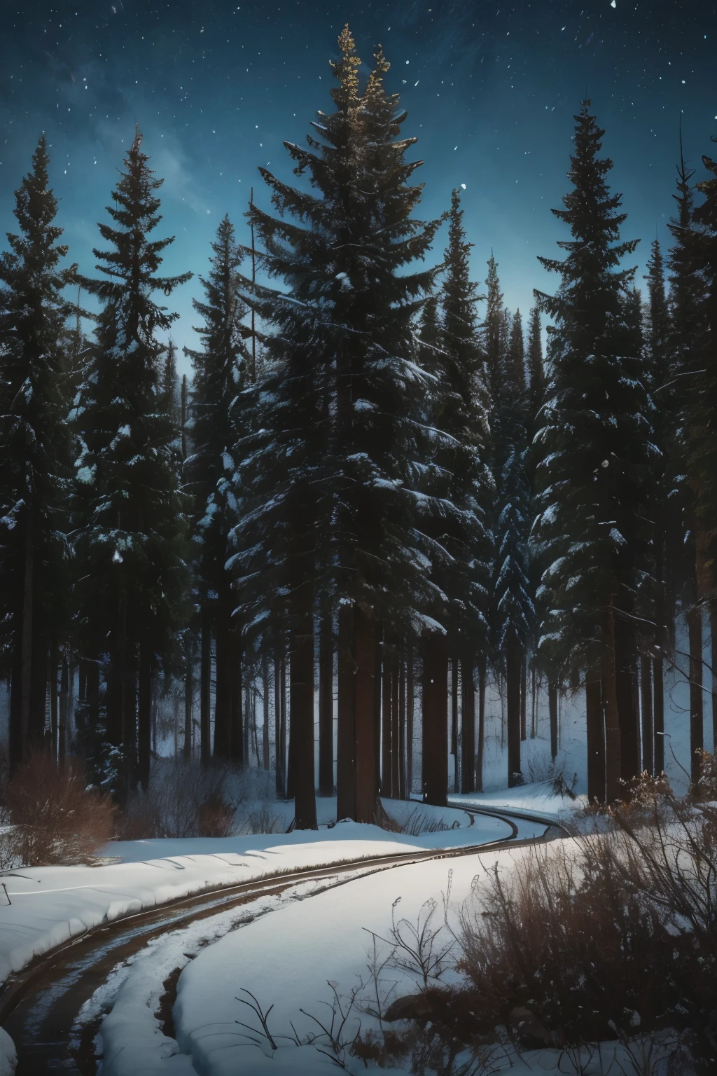 A picture taken from a video game shows a snowy forest with tracks ...