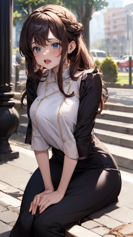 Droopy eyes, realistic sizing eyes, ((Round face, smiling, blush ...