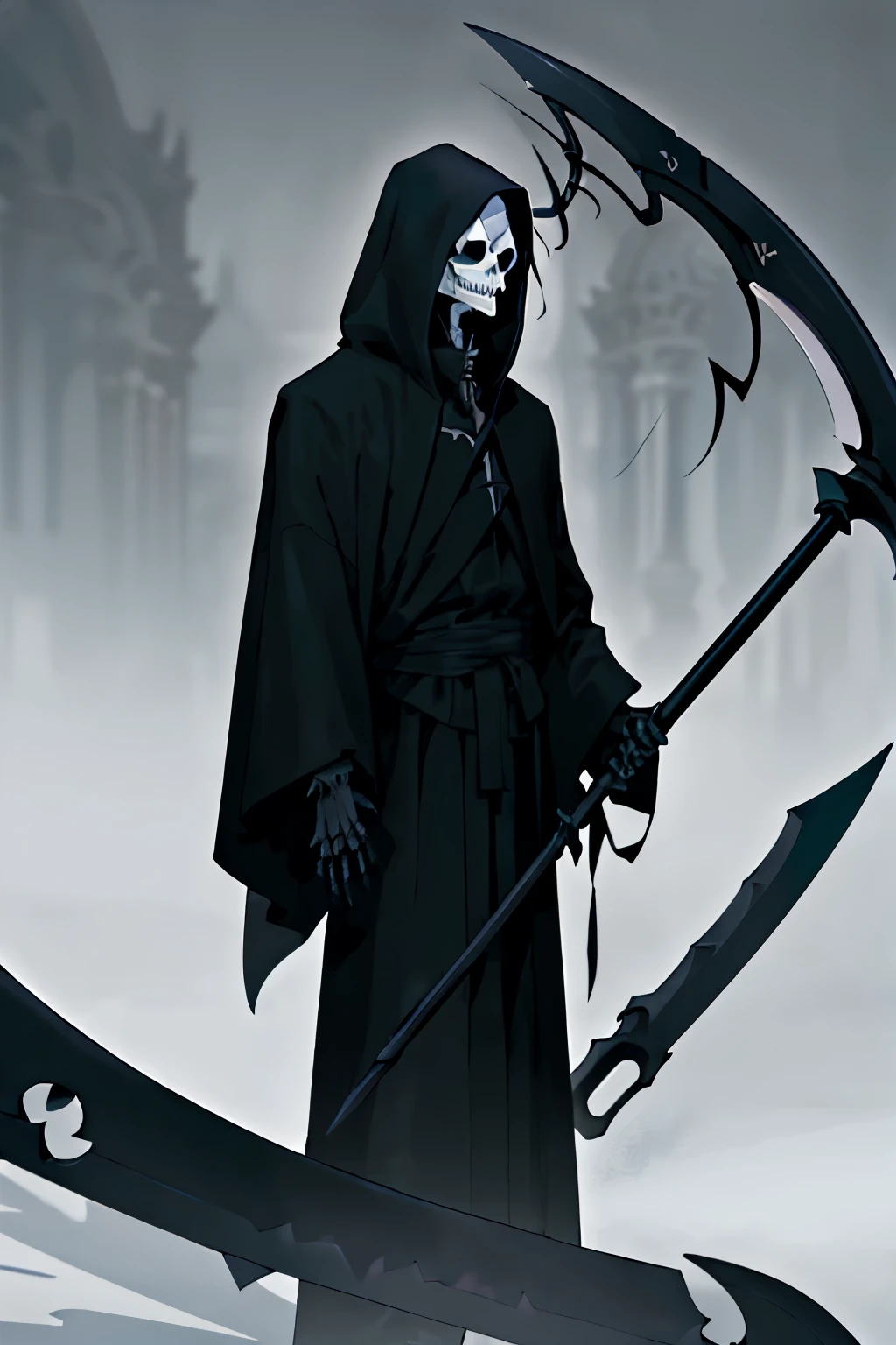 A close up of a person in a black robe holding a scythe - SeaArt AI